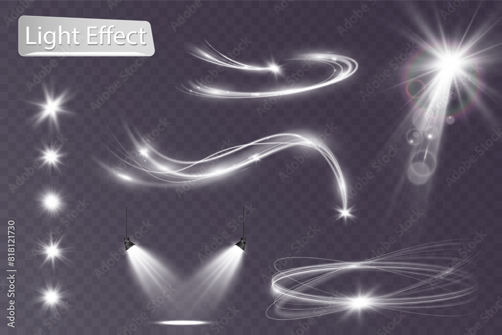 Light white wave and spotlight,meteor shine effect,vector glow line ...
