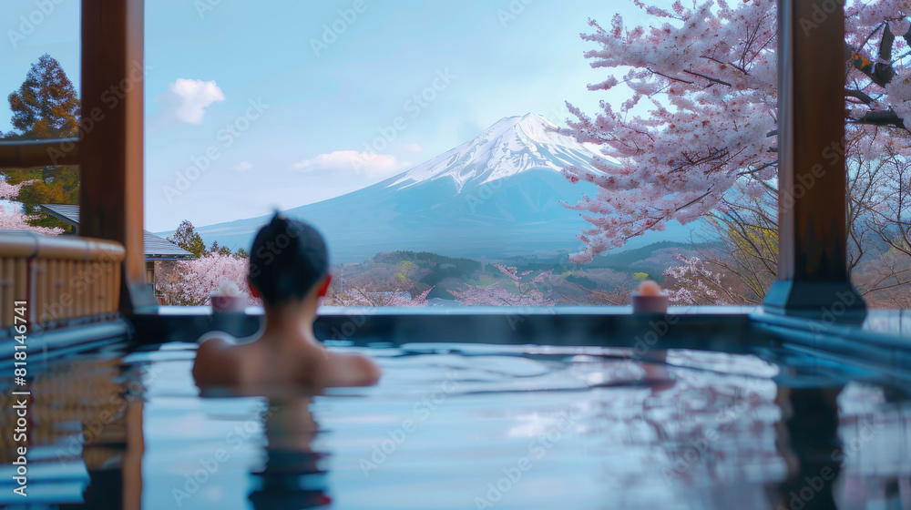 Woman relaxing in an onsen hot springs pool with Mt. Fuji and cherry ...