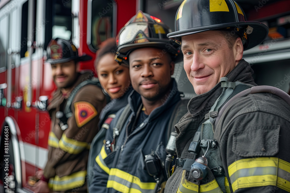 United group of firefighters standing proudly by their fire engine ...