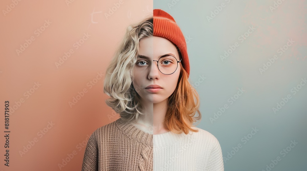 A split-screen image showing a person's real-life self on one side and ...