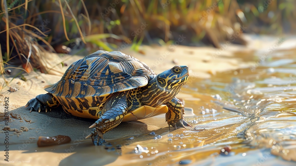 Illustrate a photorealistic scene of a terrapin basking under the sun ...