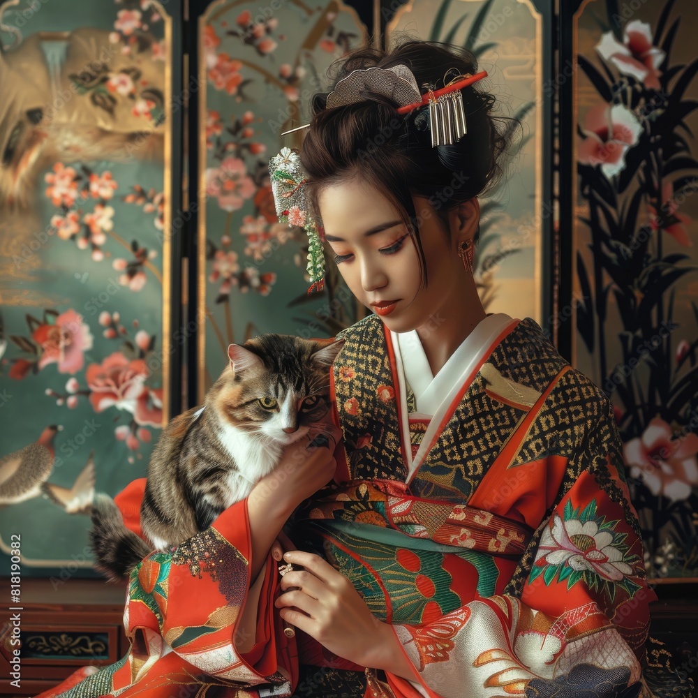 Traditional Japanese Women in Kimono with Cat, Geisha Stroking Cat ...
