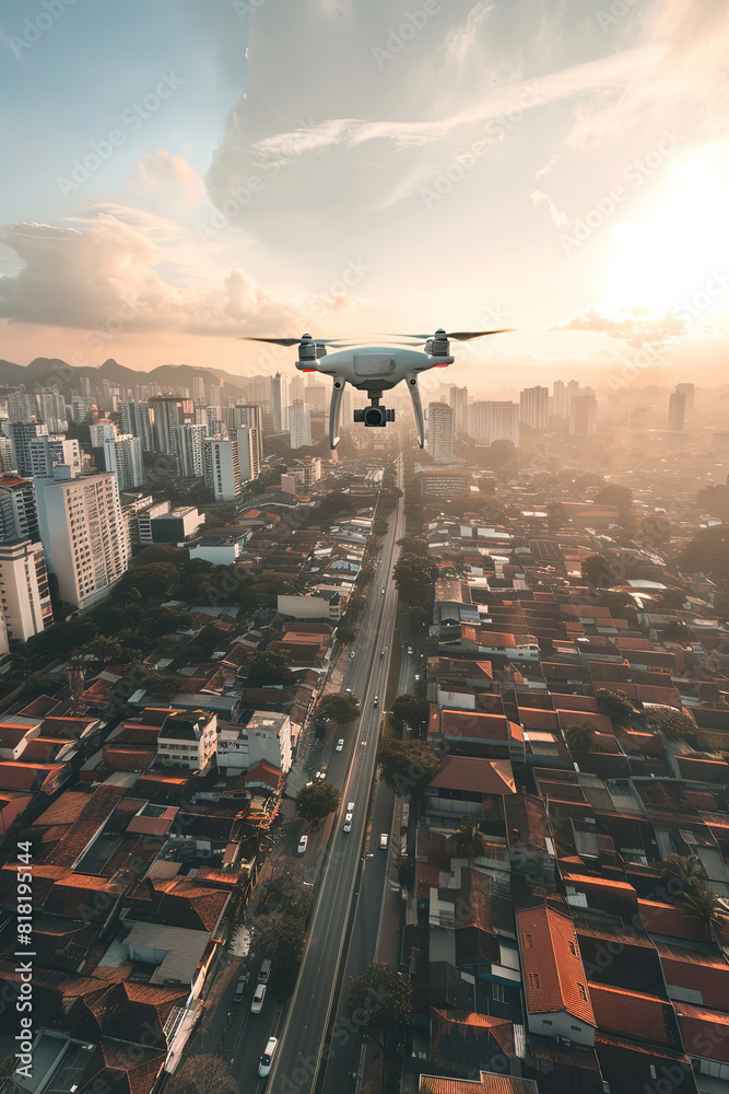 Aerial view of a drone crossing a dense urban area, highlighting its ...