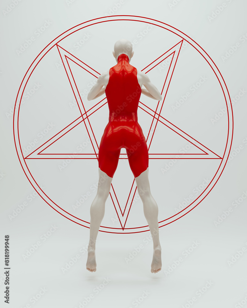 Devil worshiper muscular tall woman red white pentagram black magic ...