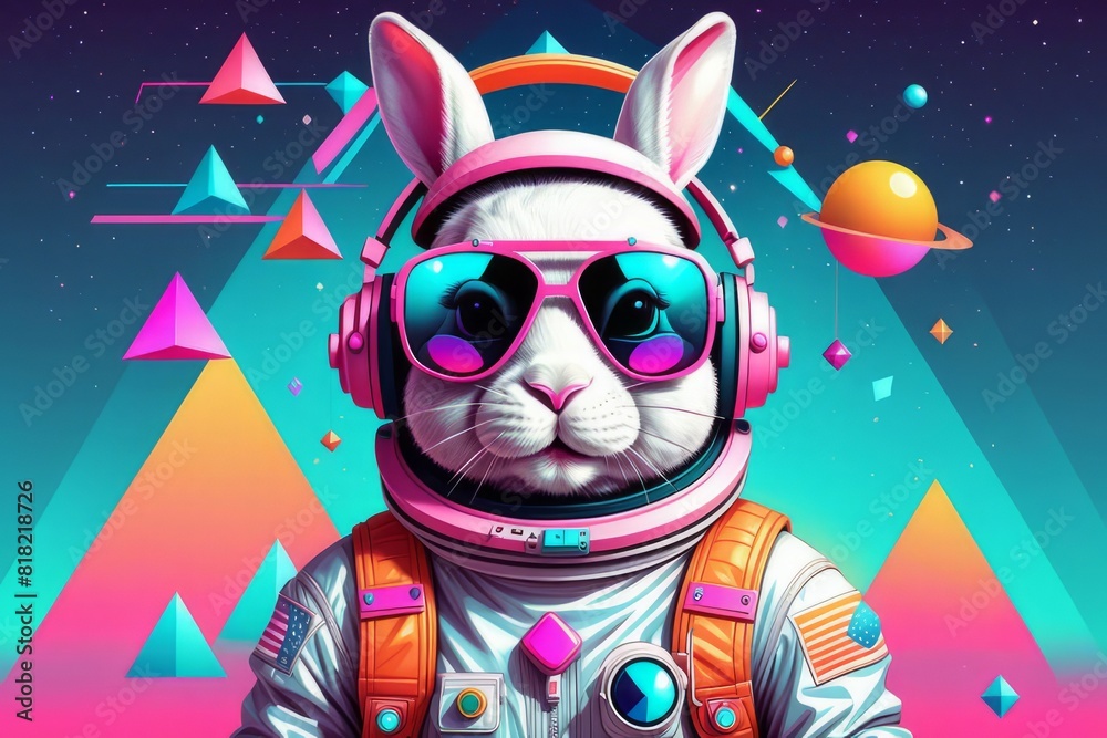 rabbit with headphone and sunglasses cosmic 80s style party content ...