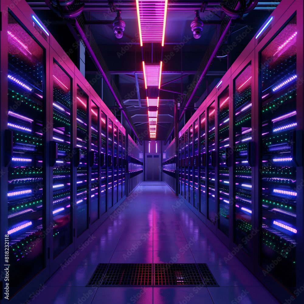 Vibrant server corridor illuminated by neon pink and purple lights ...