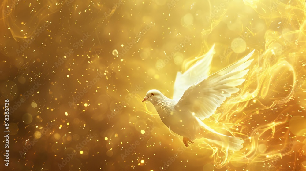 luminous white dove in flight surrounded by golden flames symbol of the ...