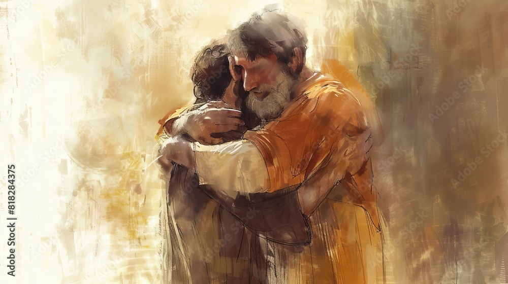 the return of the prodigal son parable father embracing repentant son ...