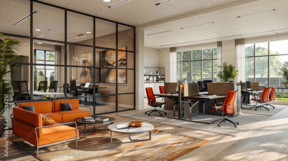 Refurbished office featuring a mix of open and private workspaces, with ...