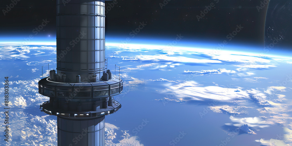Soaring Space Elevator Connected to Celestial Platform Stock ...