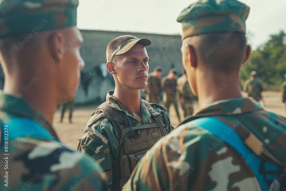Young soldier with focused expression stands amongst his peers during a ...