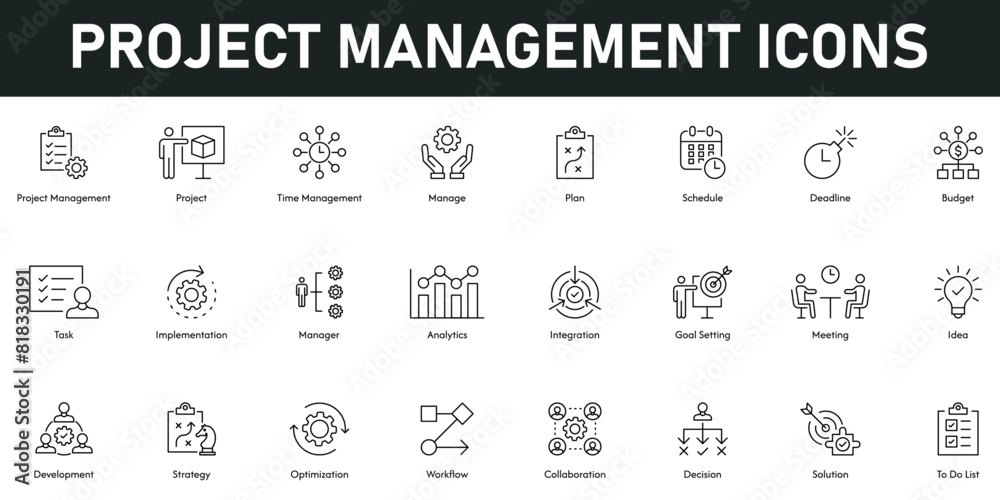 Project Management Icons vector illustration with thin line editable ...