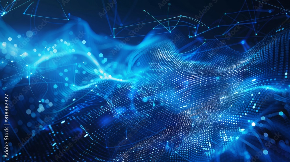 Abstract blue tech background with digital waves, dynamic network system, artificial neural ...