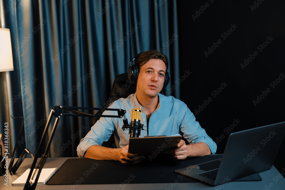 Host channel in smart broadcaster with talking show on live social ...