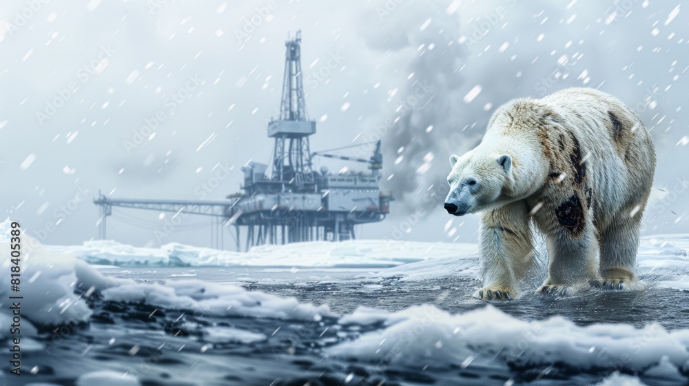 Polar Bear Gazing at Oil Rig in Arctic Wasteland - Environmental Impact ...