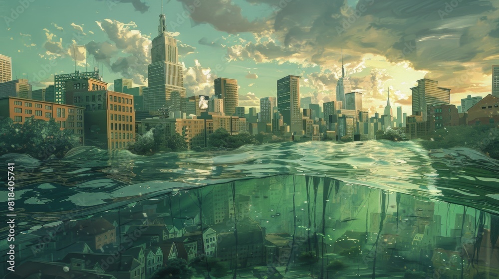 Urban Submersion - Illustration of City Drowning in Rising Sea Levels ...