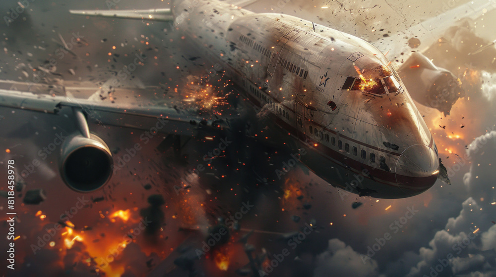 airplane falling apart in mid-air, explosions and sparks engulfing the ...