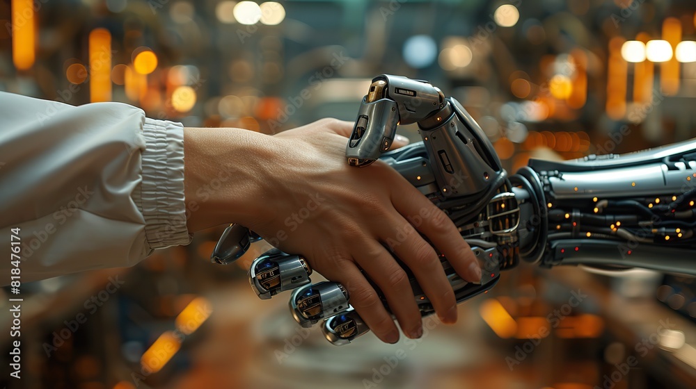 handshake between human and robot in a research lab working together ...
