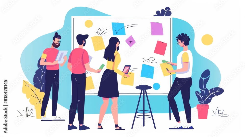 Illustration of diverse group collaborating at whiteboard ...