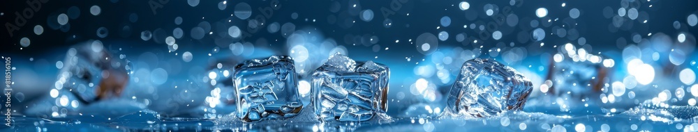 Summer ice cubes explode, shatter and fly, blue background. Burst part ...