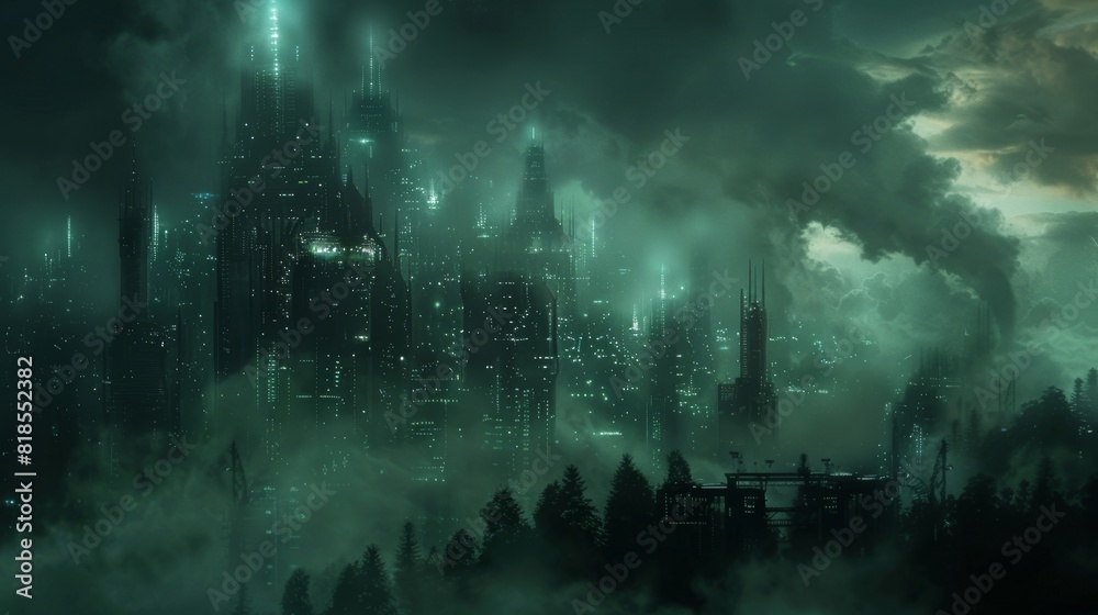 Futuristic dark city shrouded in fog, with eerie black forest and ...