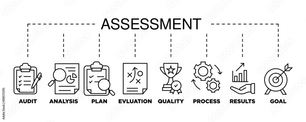 Assessment banner web icon vector illustration for accreditation and evaluation method on ...