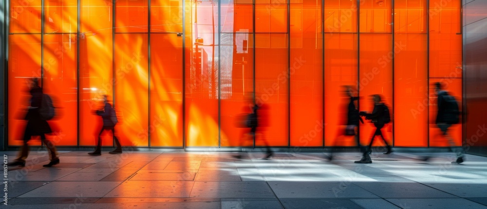 People walking past an orange glass building. AI. Stock Photo | Adobe Stock