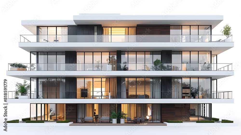 modern apartment building, white background, orthographic view ...