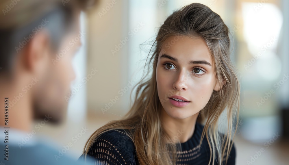 Two people in a tense conversation, with serious expressions, in a modern office setting ...