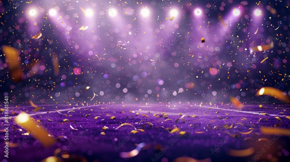 Purple background, lights and golden confetti on the purple background ...