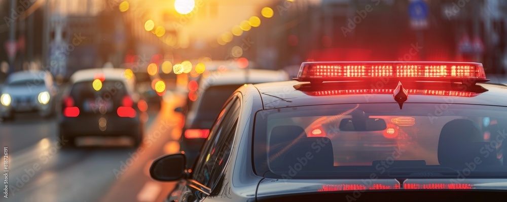 A red warning light atop an autonomous car in traffic, front view ...