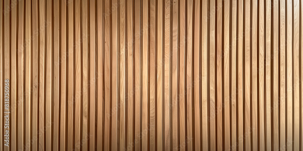 Wooden wall background with vertical slats, texture of natural wood paneling for interior design ...