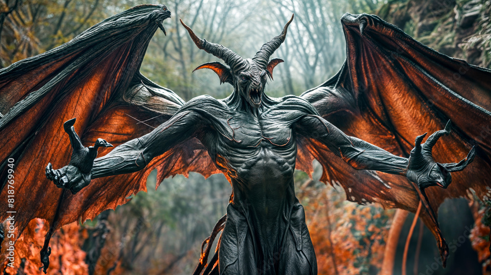 Demonic creature with outstretched wings and sharp claws roars in a ...