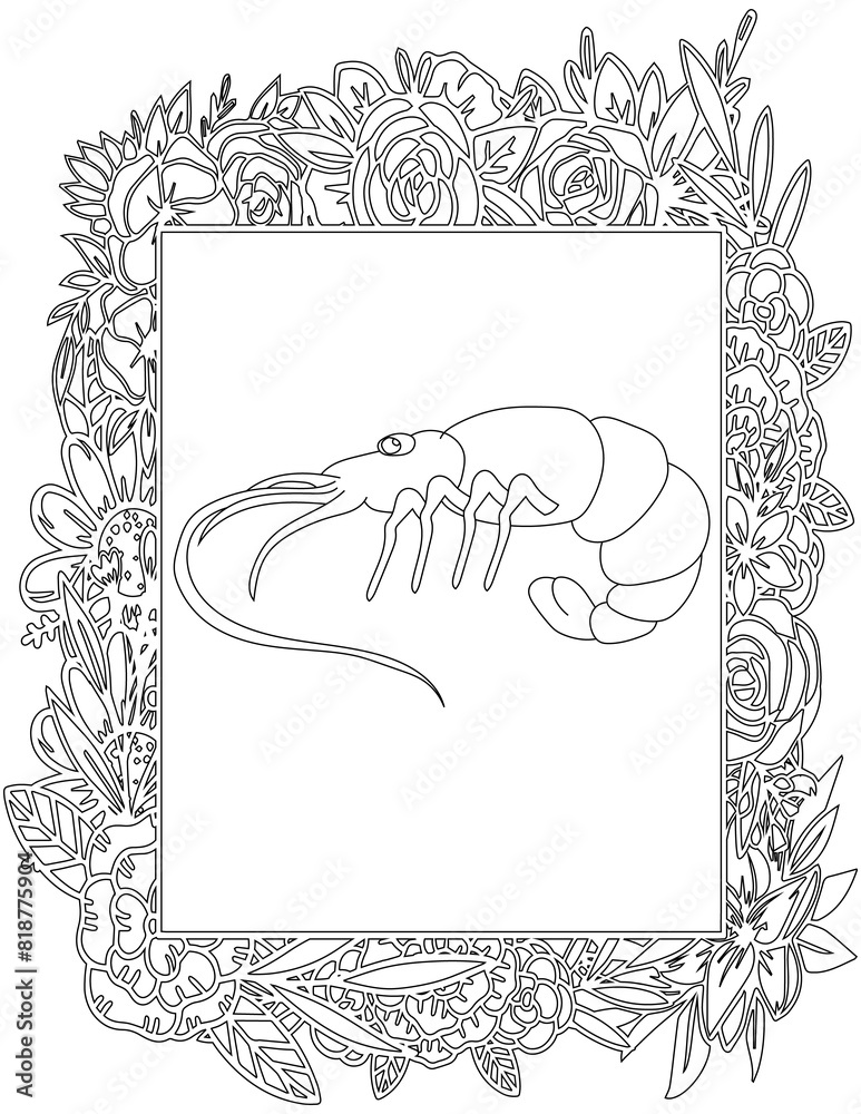 Shrimp in A Floral Frame Coloring Page. Printable Coloring Worksheet ...