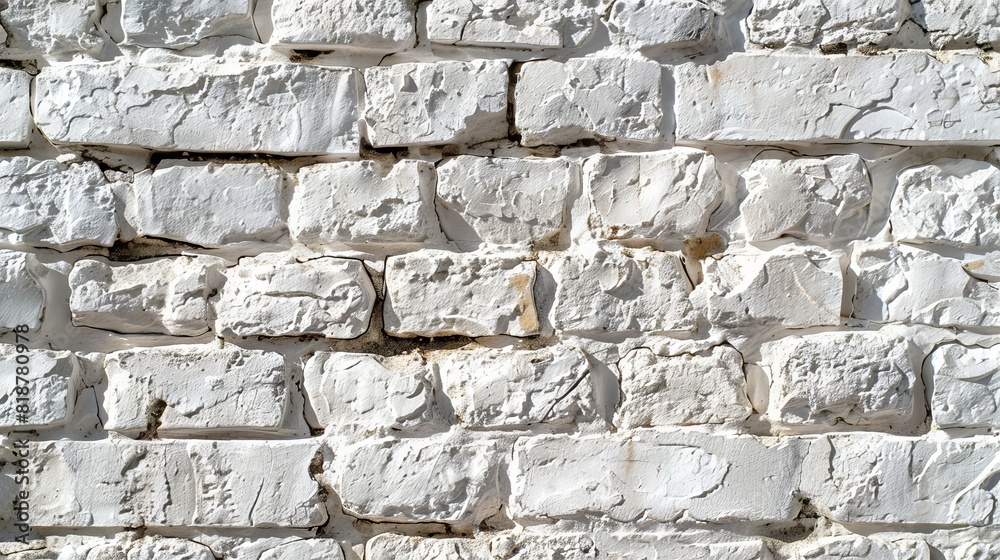 The image shows a close-up view of a textured white brick wall ...
