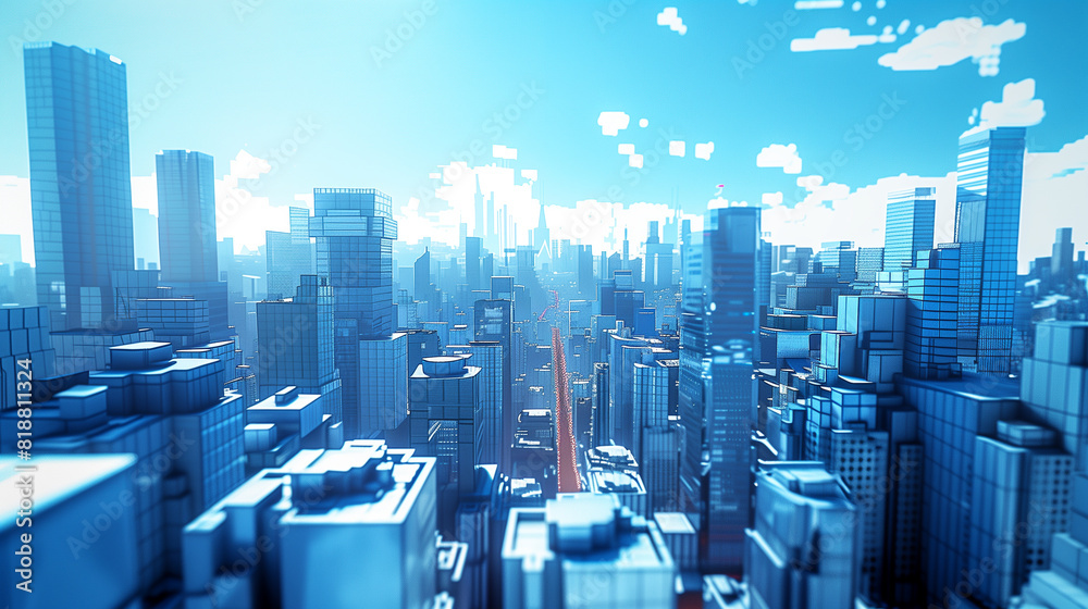 3d voxel city landscape illustration render modern, futuristic view ...