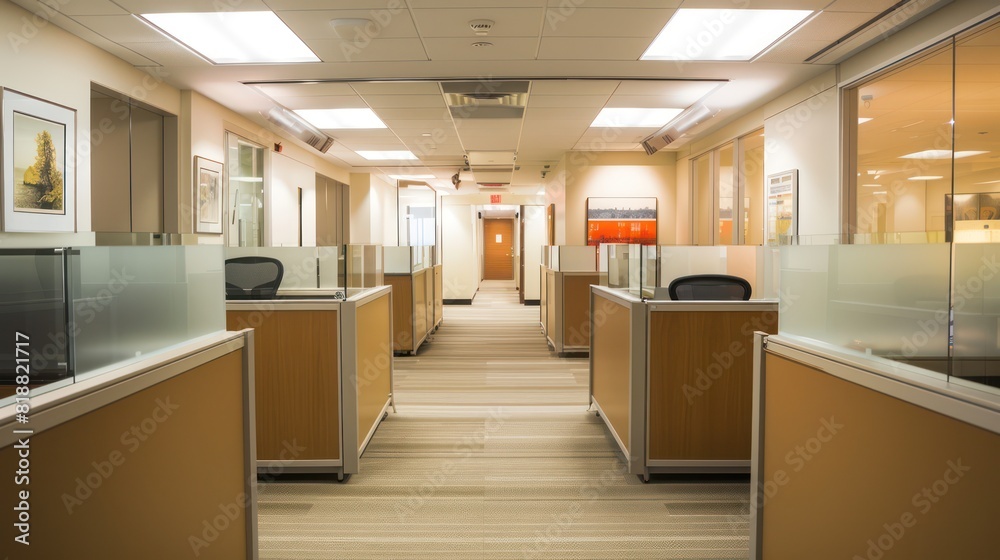 A clean, well-lit office space with several cubicles, glass partitions ...