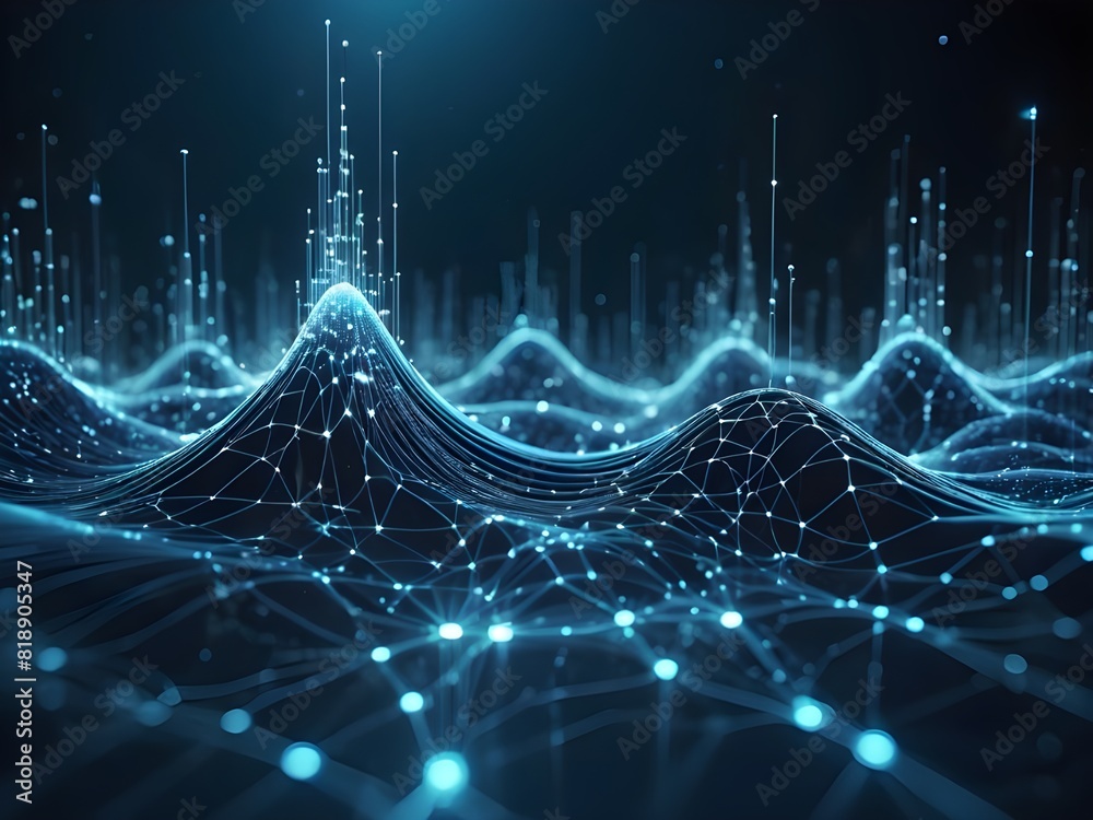 Abstract blue tech background with digital waves, dynamic network system, artificial neural ...
