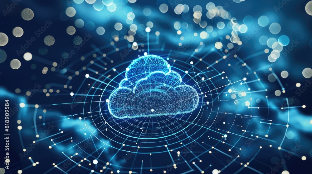 Futuristic digital representation of cloud computing technology, data networks, and internet ...