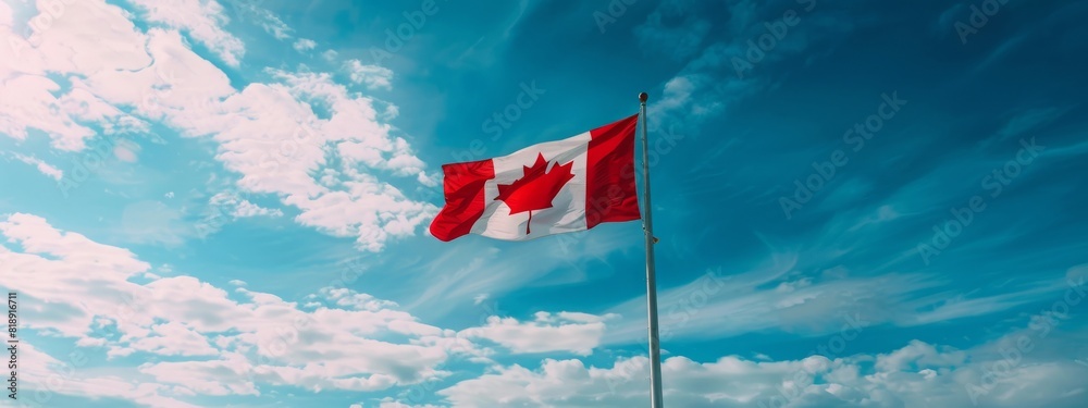Flag of Canada on sky background in close-up fluttering in wind symbol ...