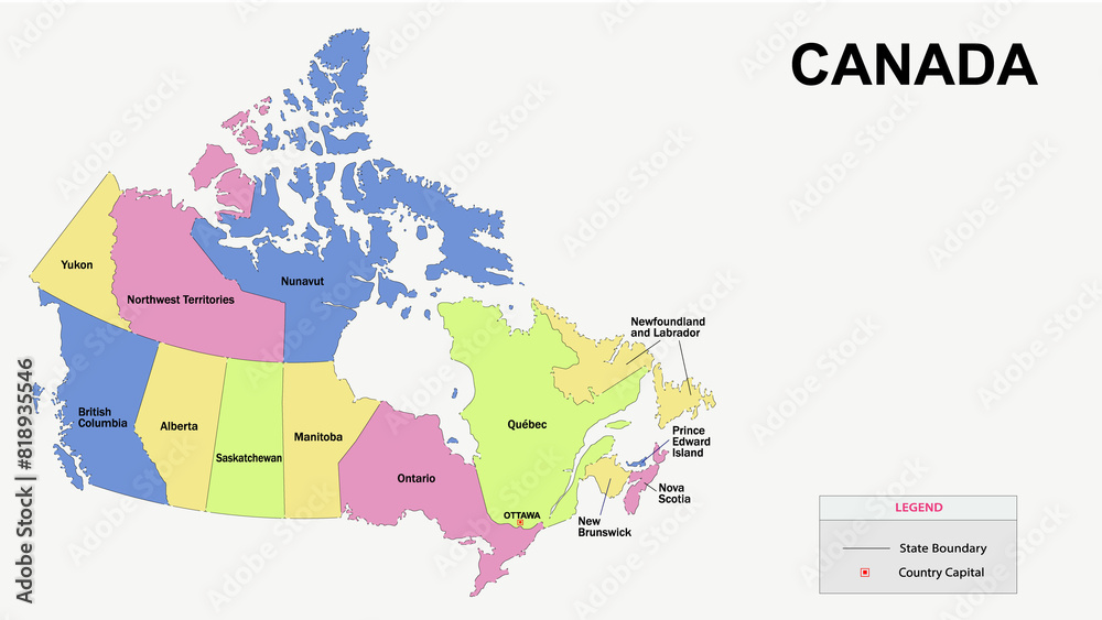 Canada Map. State and district map of Canada. Detailed colourful map of Canada. Stock ...
