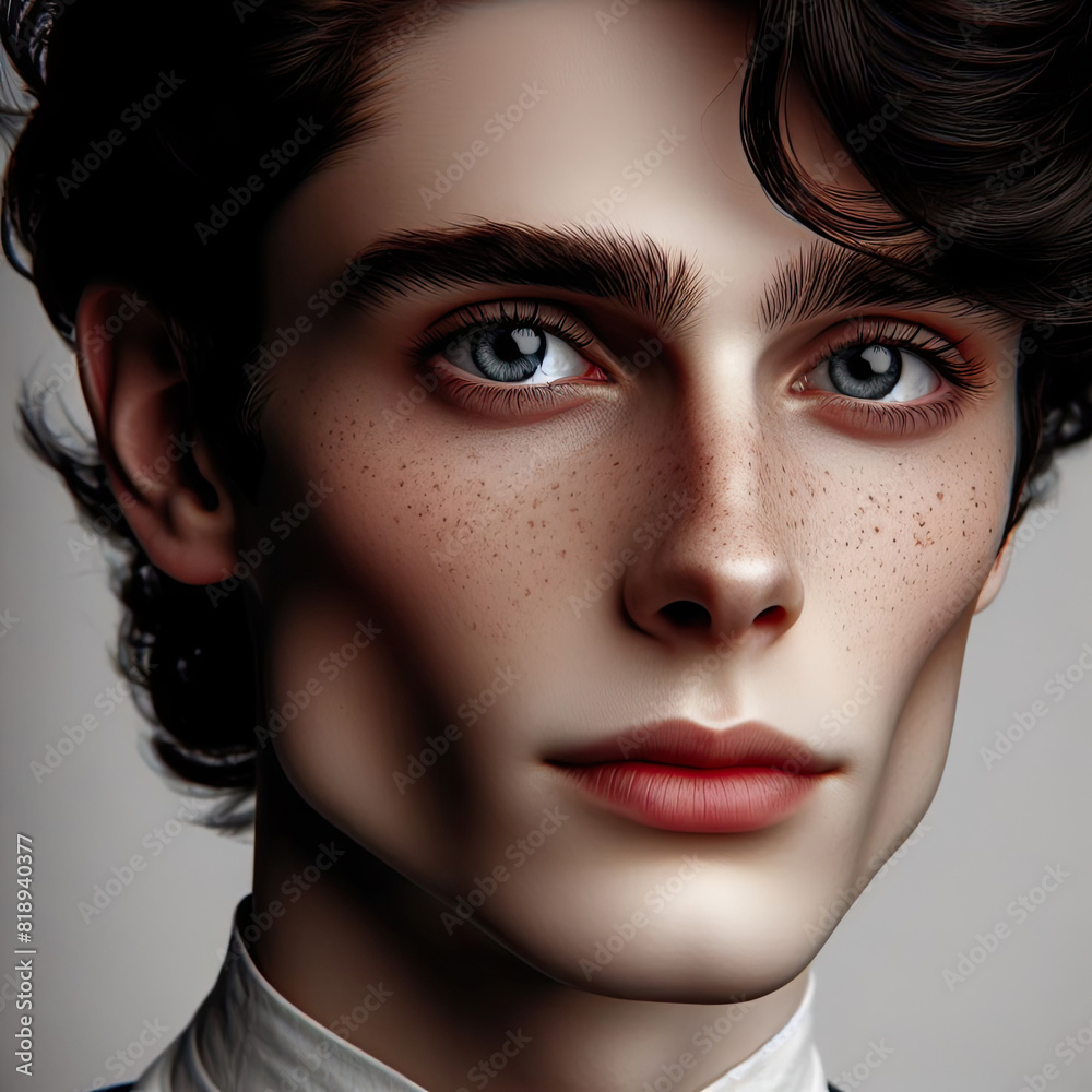 Portrait of a handsome young man with blue eyes, dark wavy hair and ...