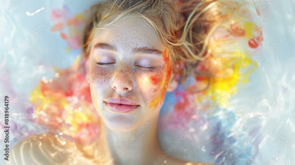 Young woman with eyes closed colorful face paint on cheeks forehead ...