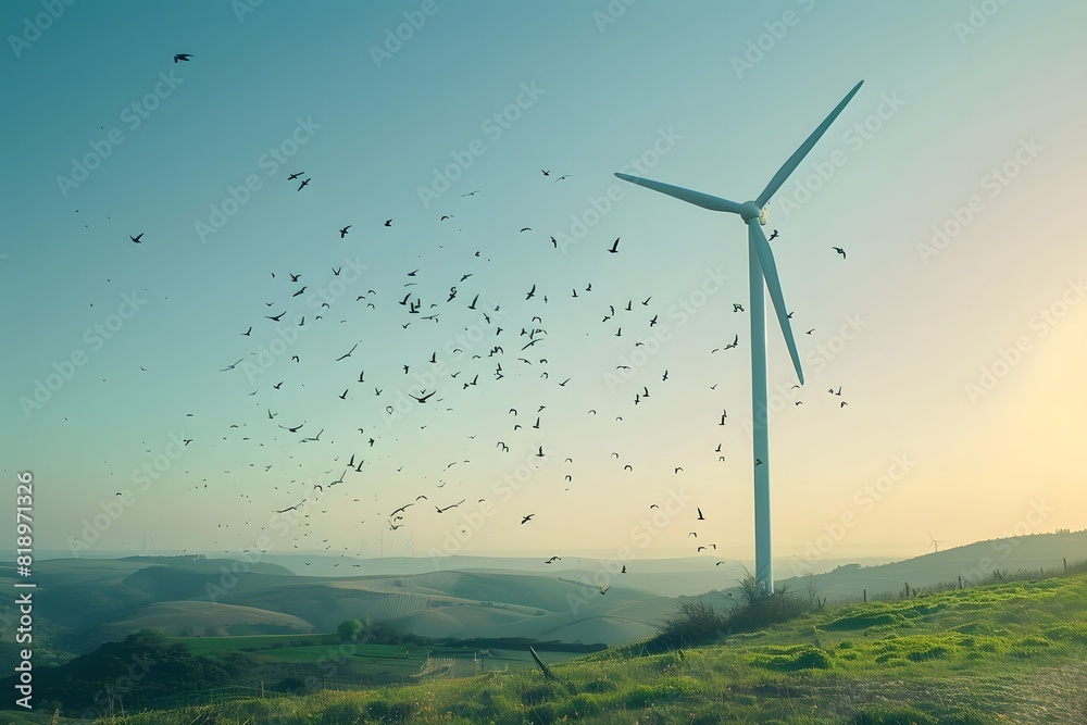 Wind turbine with graceful birds soaring around it in scenic landscape ...