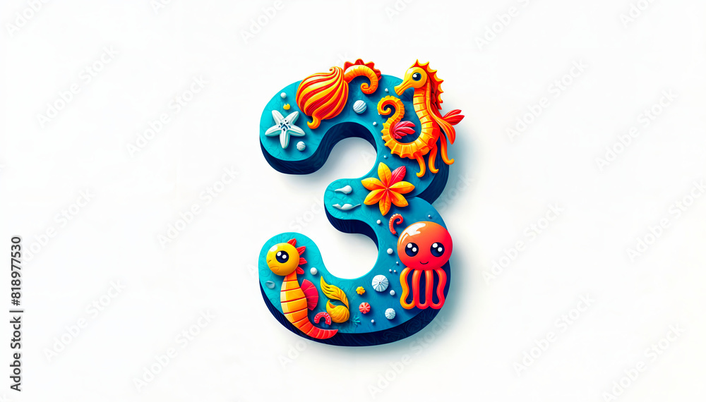 charming number 3 design is adorned with delightful underwater ...
