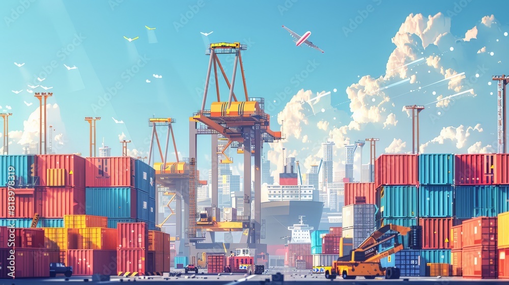 A busy port with shipping containers stacked high and cranes loading ...
