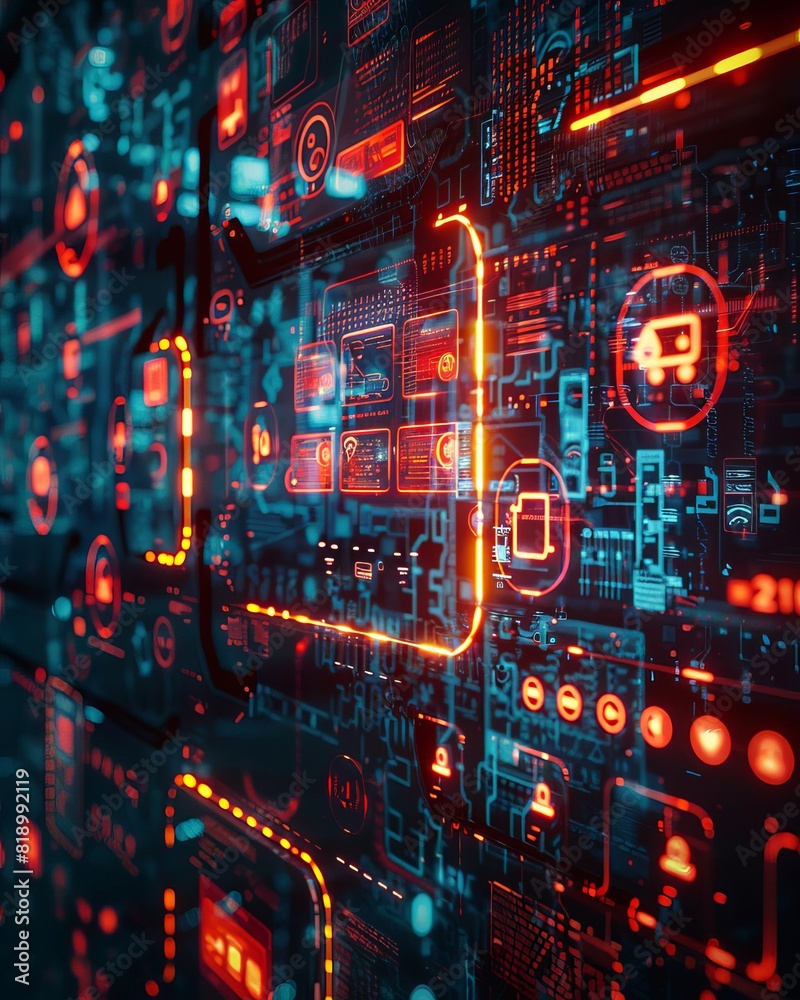 Futuristic technology background. Glowing red and blue circuit board with data and information ...