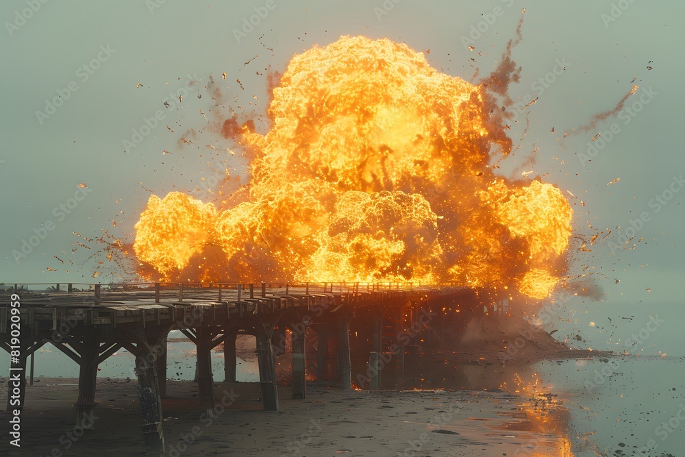 Massive Explosion Over Water on Wooden Pier - Dramatic Action Scene for ...