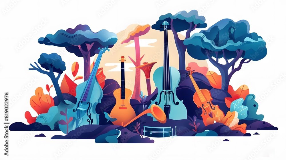 An imaginative landscape where musical instruments grow like trees ...