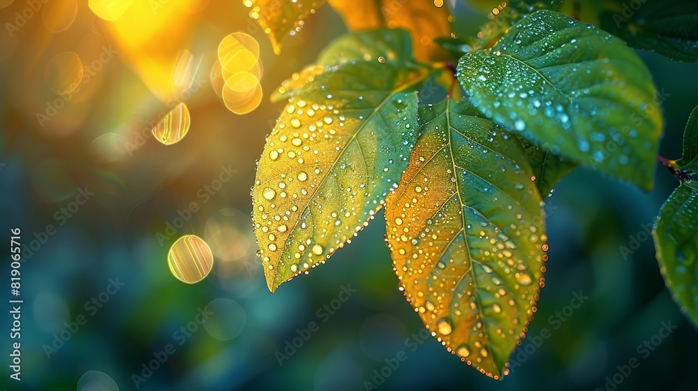 Nature Background Shiny leaves with raindrops glistening in the light ...